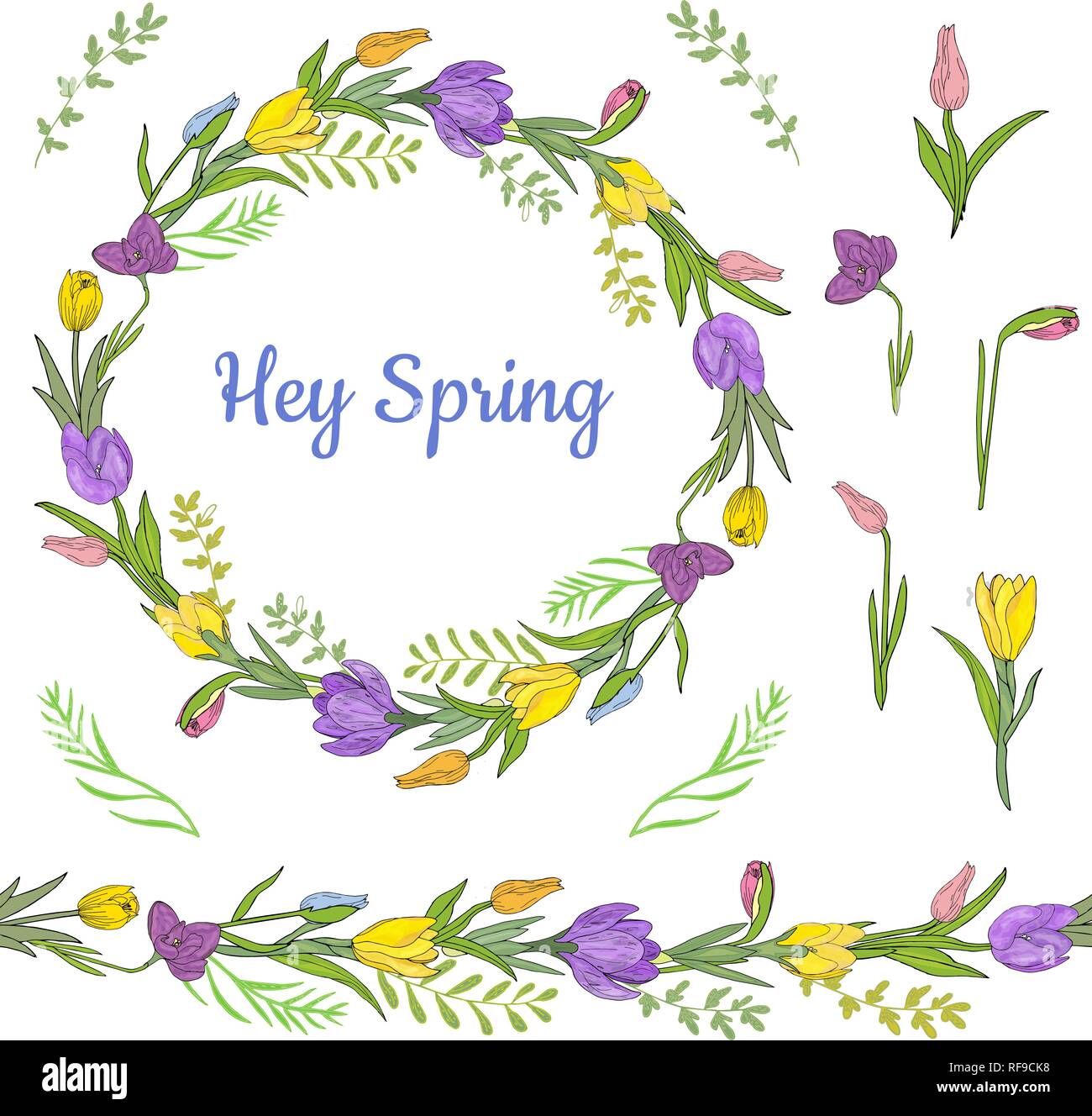 Colorful wreath from beautiful crocuses, tulips and different herbs ...