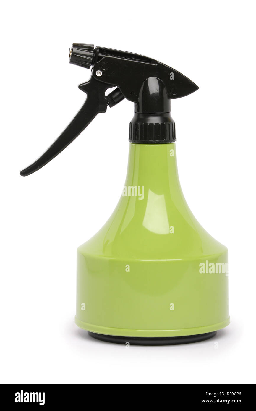 Green spray bottle isolated on white Stock Photo - Alamy