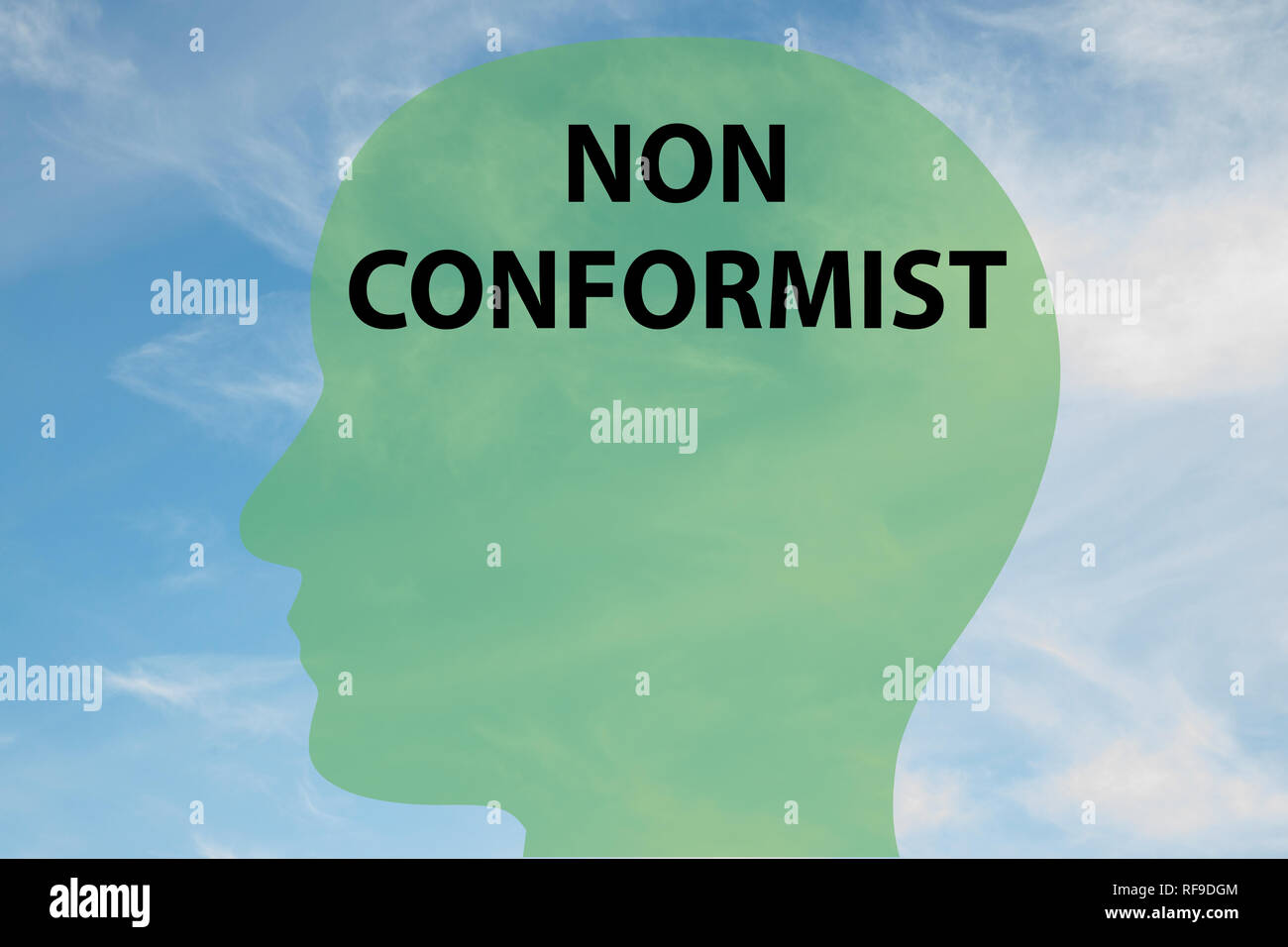 Render illustration of NON CONFORMIST title on head silhouette, with ...