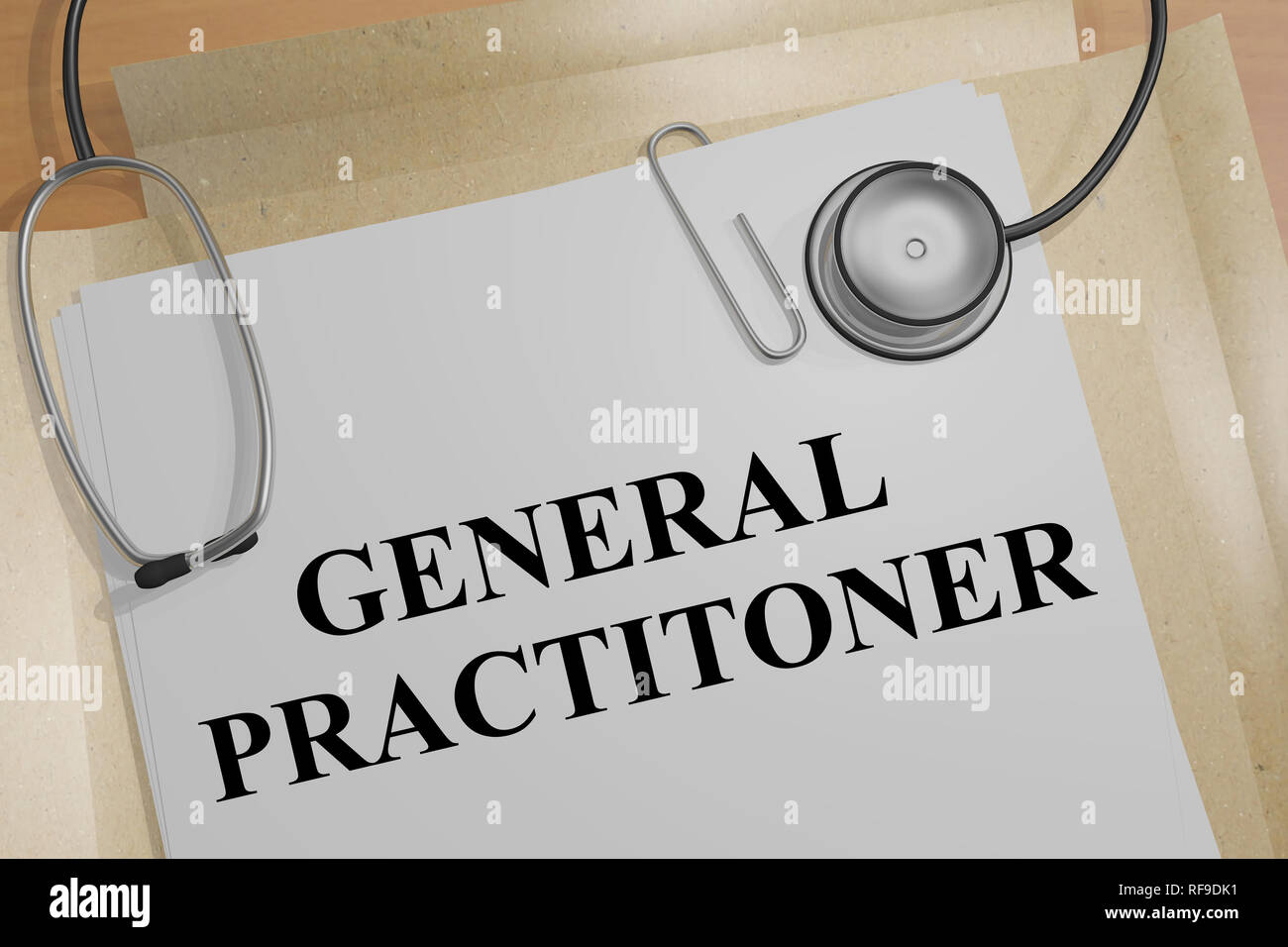 3D illustration of GENERAL PRACTITONER title on a medical document ...