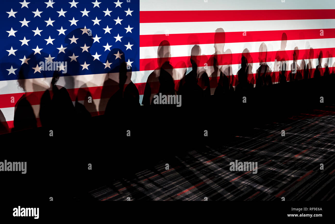 Lot of people shadows against USA flagged Screen, shutdown concept ...