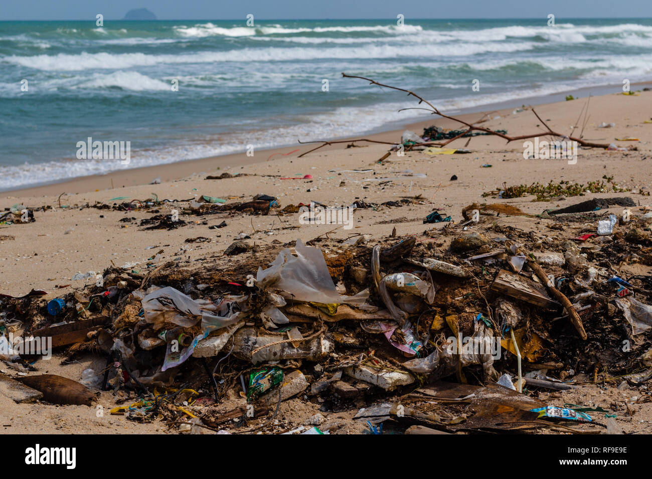 Beach pollution, plastic and waste from ocean on the beach Stock Photo ...