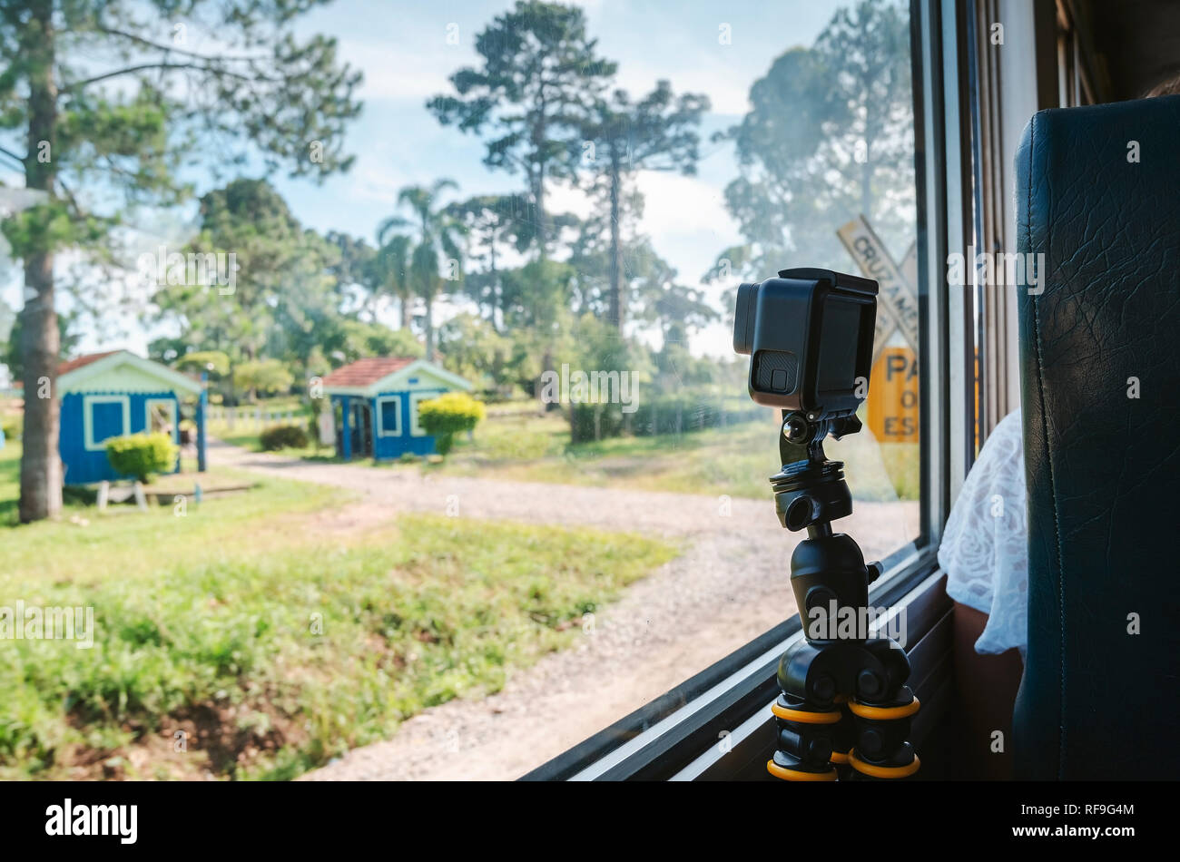 Recording the landscape of a train ride with a action camera on a ...
