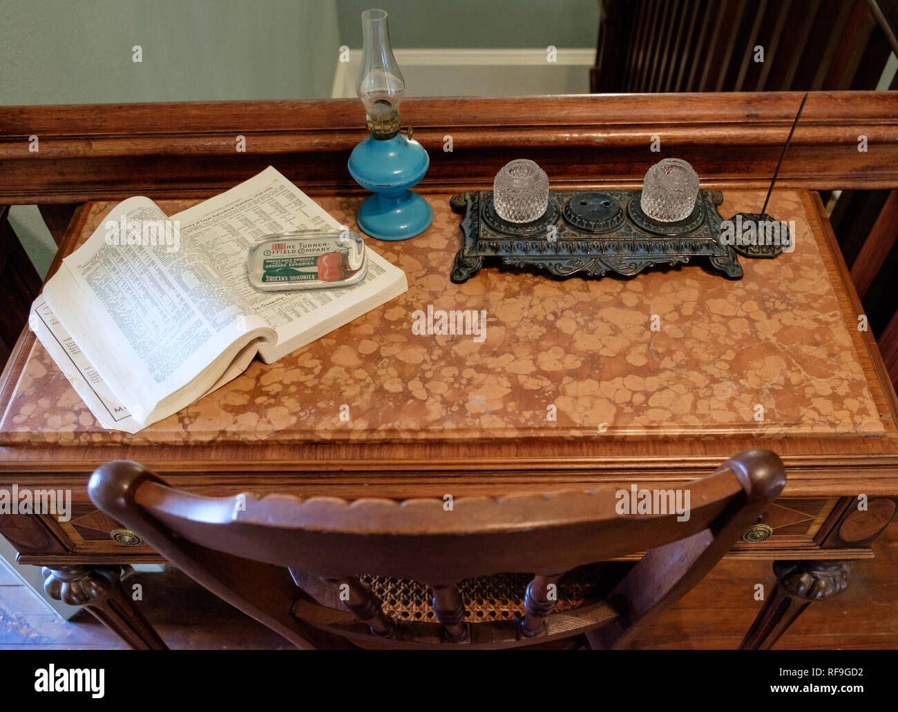 Antique marble top desk, Texas Almanac, cast iron ink well holder ...