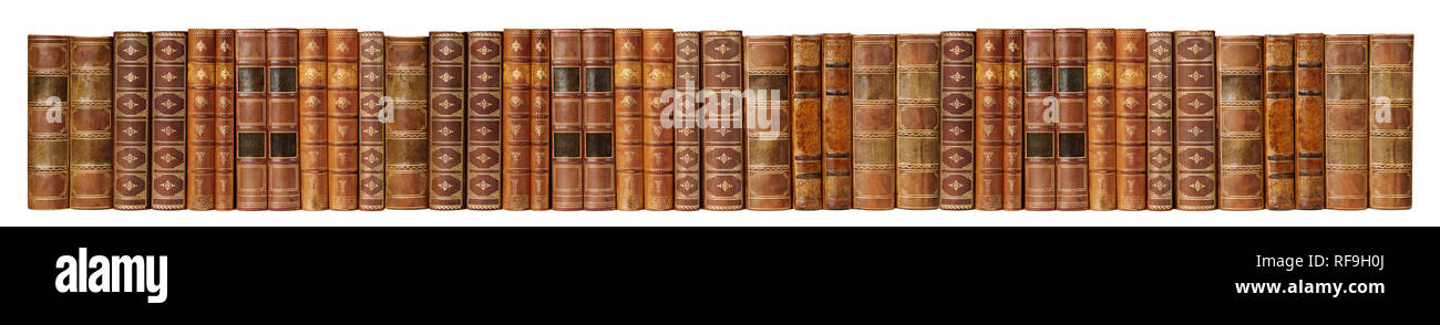 Long banner of row of antique books in a leather hardcover isolated on ...