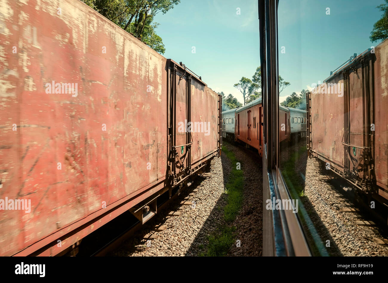 Parked wagons of two trains side by side, each one on his railway ...