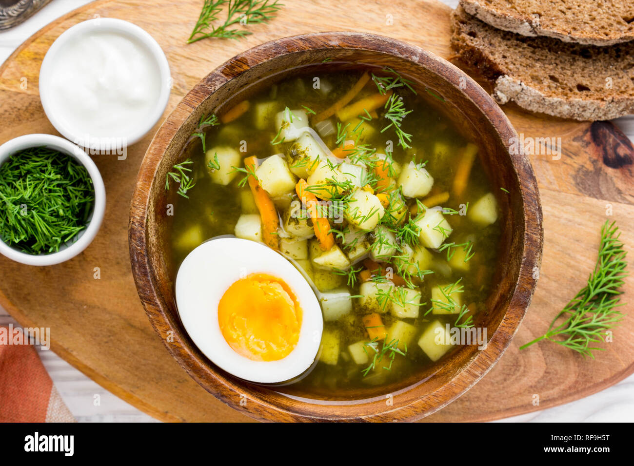 Traditional summer Russian soup with sorrel, green bosch Stock Photo ...
