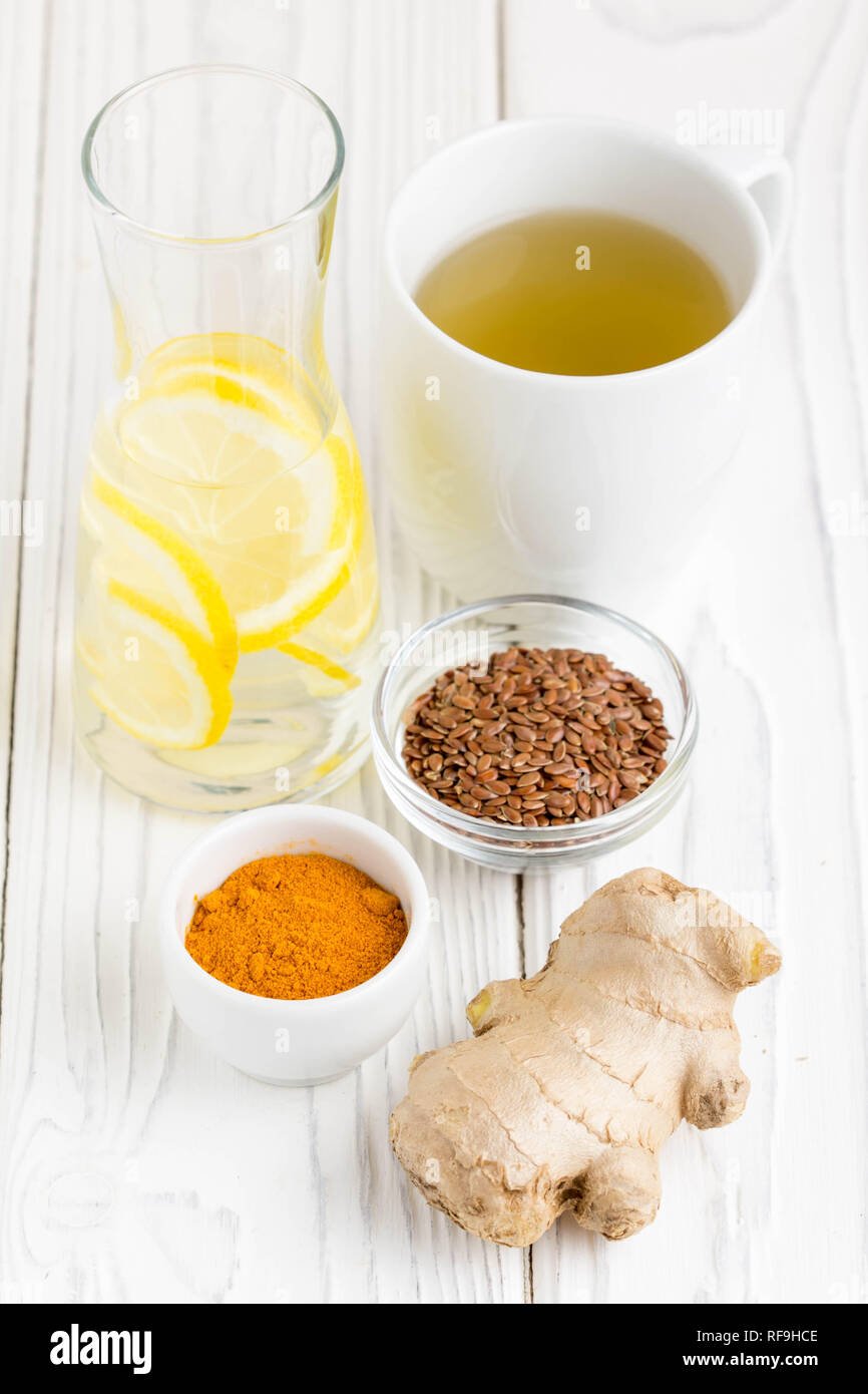 Super foods, turmeric, ginger, lemon, flax seeds, green tea Stock Photo ...