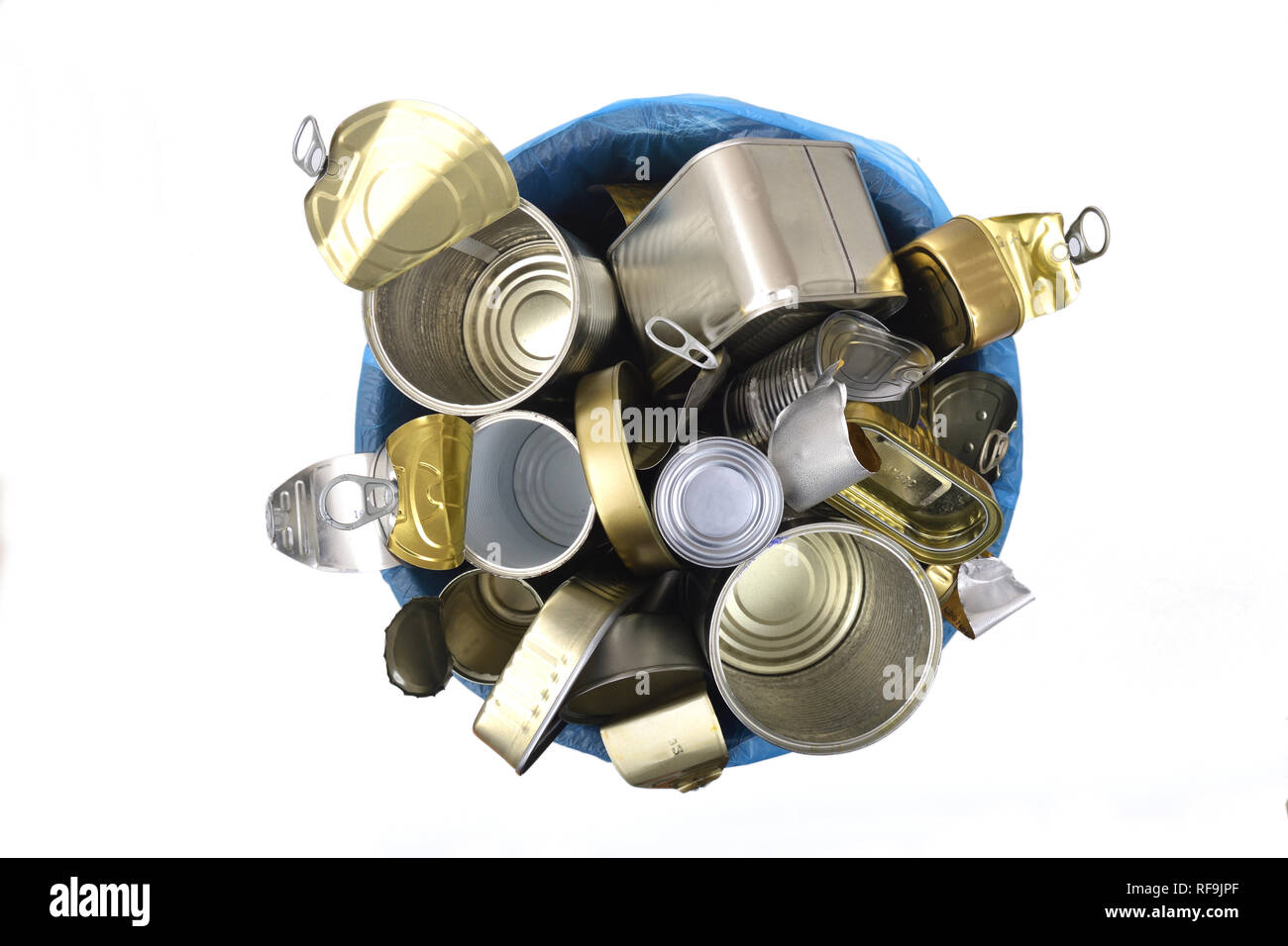 trash can (tin can food) full of cans on white Stock Photo - Alamy