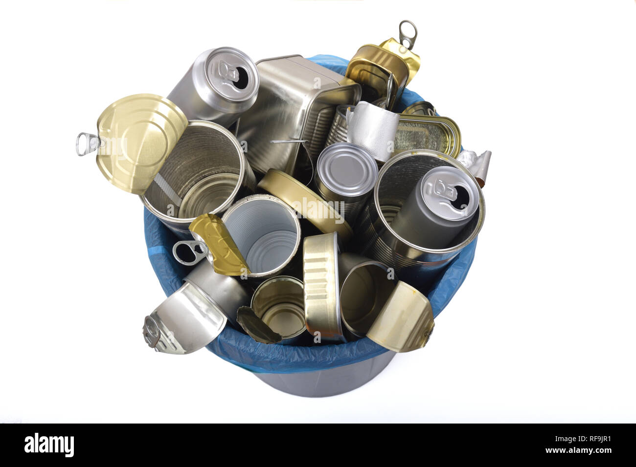 trash can (tin can food and drink) full of cans on white Stock Photo ...