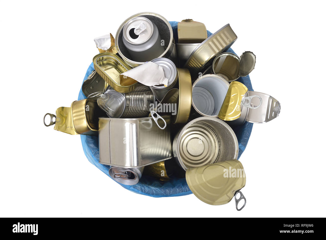 top view of trash can (tin can food and drink) full of cans on white ...