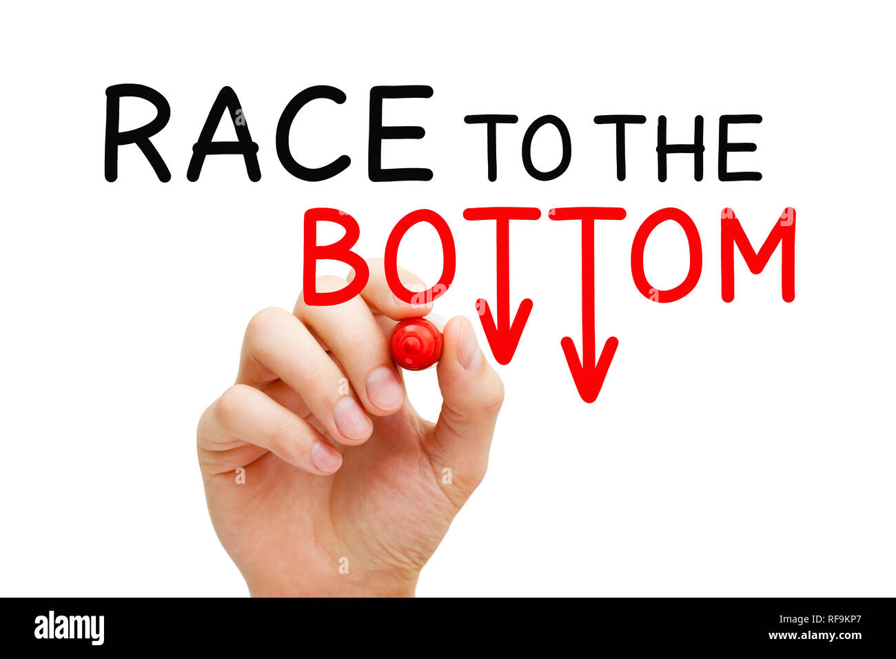 Hand writing Race to the Bottom or Price War concept with marker on transparent wipe board ...