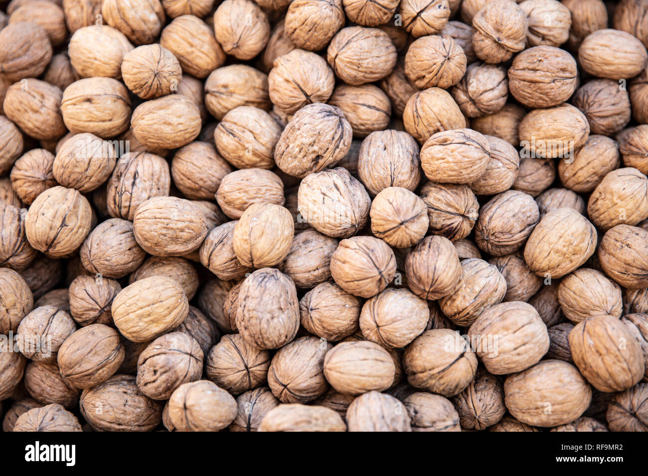 Walnuts with and without shells (filling the picture). Background of ...