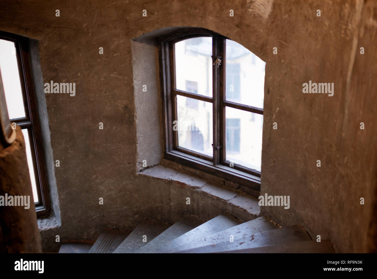 old wooden window frame in old apartment building Stock Photo - Alamy