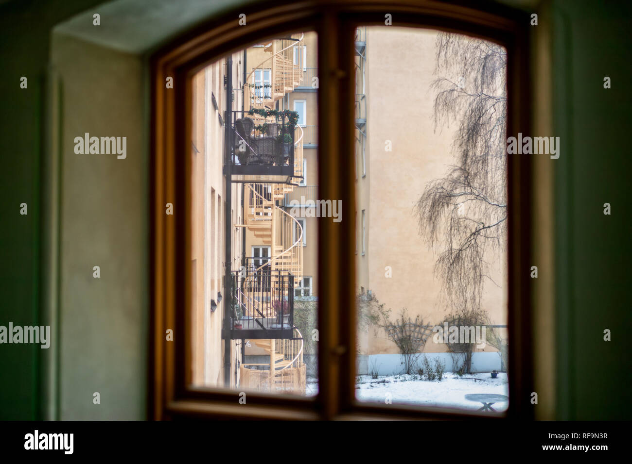 old wooden window frame in old apartment building Stock Photo - Alamy