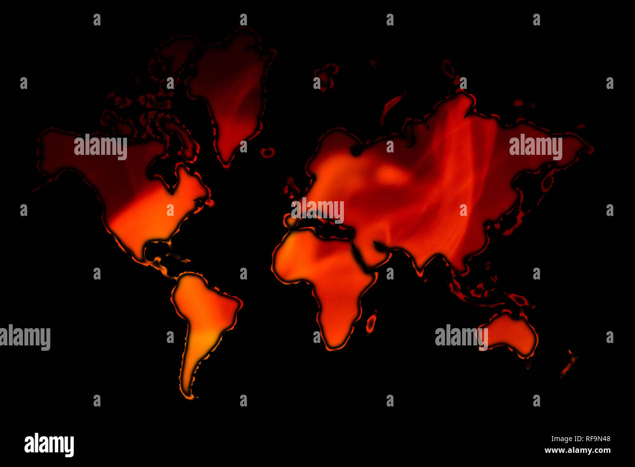 red fire burning in the shape of world map on black backgound with ...