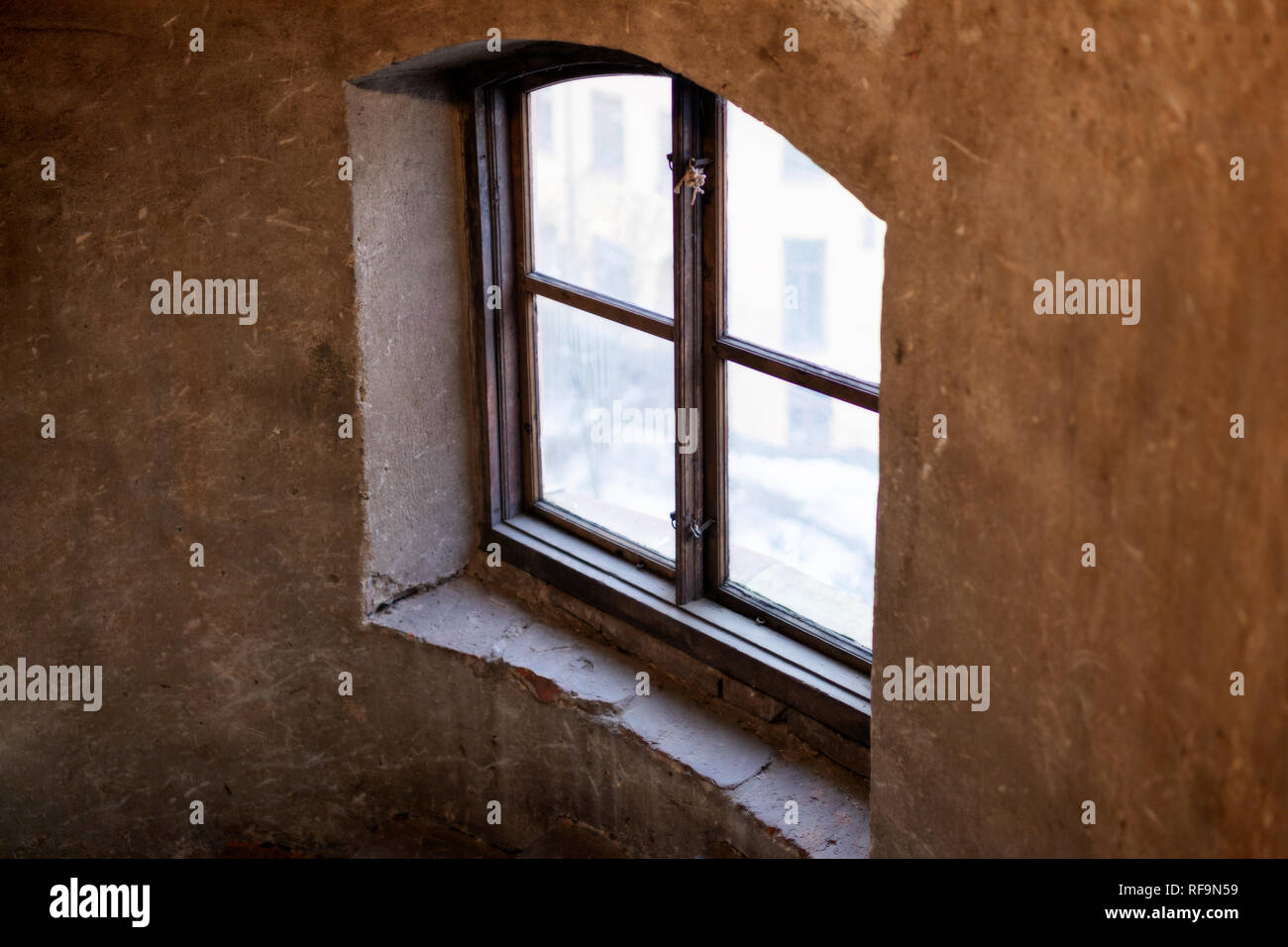 old wooden window frame in old apartment building Stock Photo - Alamy