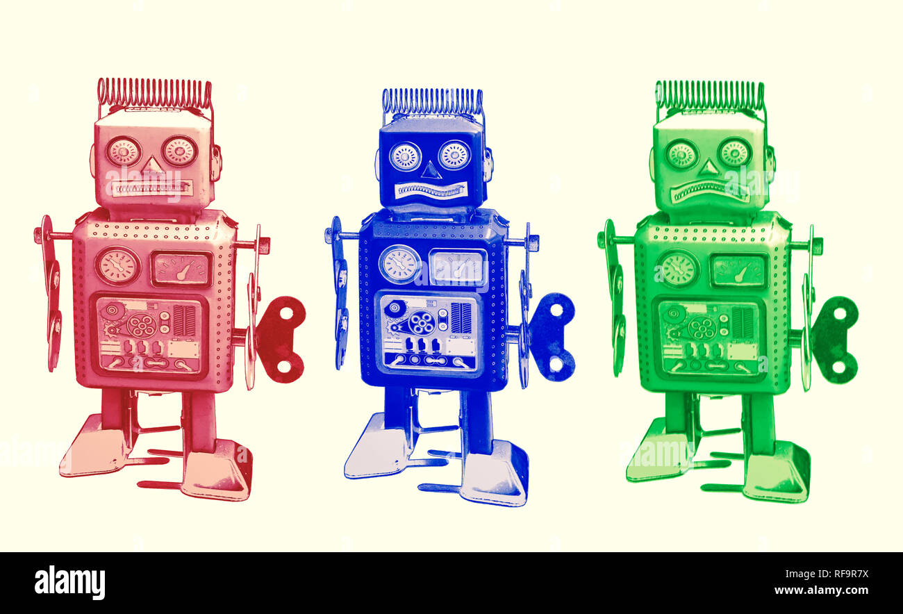 three grim perplexed and sad robots on white Stock Photo - Alamy