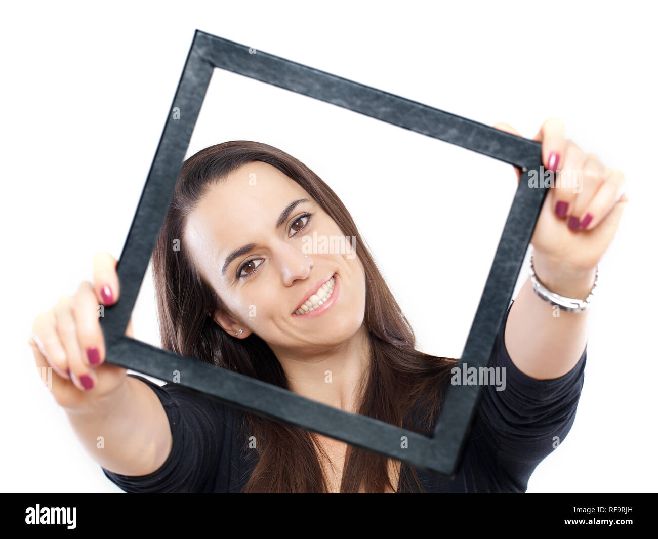 Woman with a frame around her face isolated on white Stock Photo - Alamy