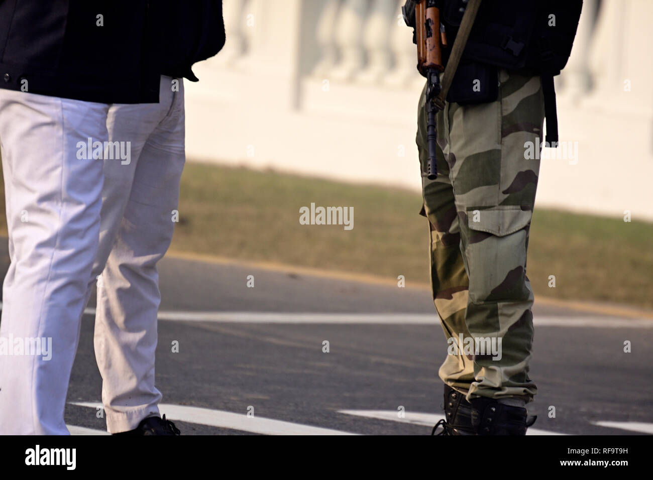Security guard with rifle standing on outside to protect the area Stock ...