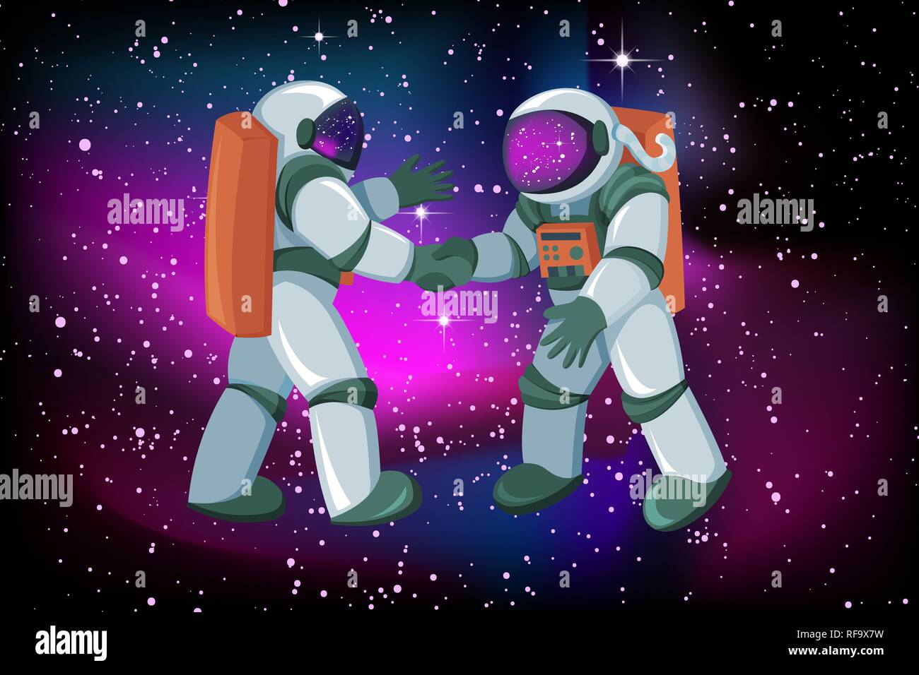 Two astronauts meeting and handshake on space smooth glow night sky ...