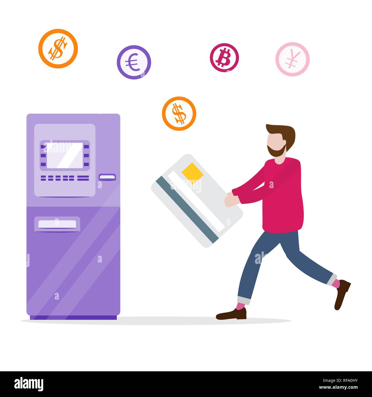 Vector illustration with man goes to ATM with a bank card. Personal ...