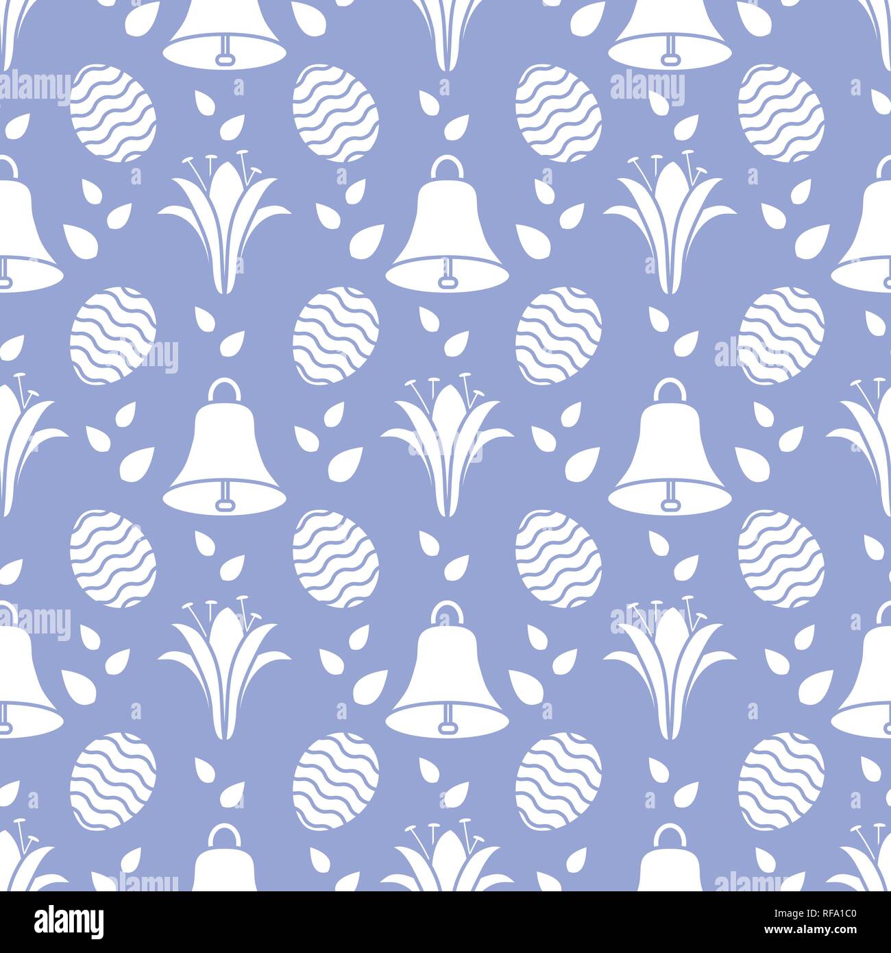 Seamless pattern with bells, lilies, decorated eggs. Happy Easter ...