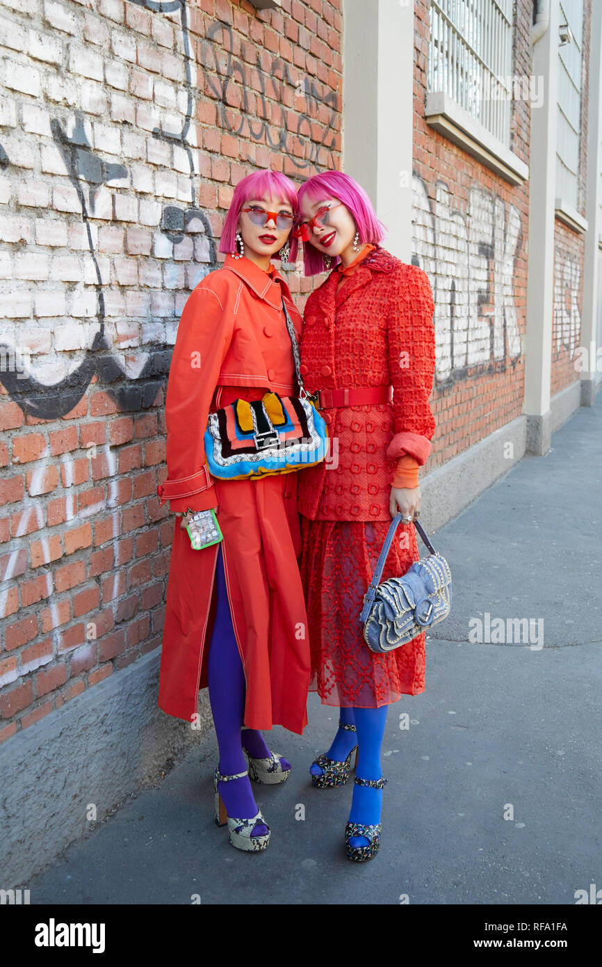 MILAN, ITALY - JANUARY 14, 2019: Amiaya, Ami and Aya Suzuki twins with ...