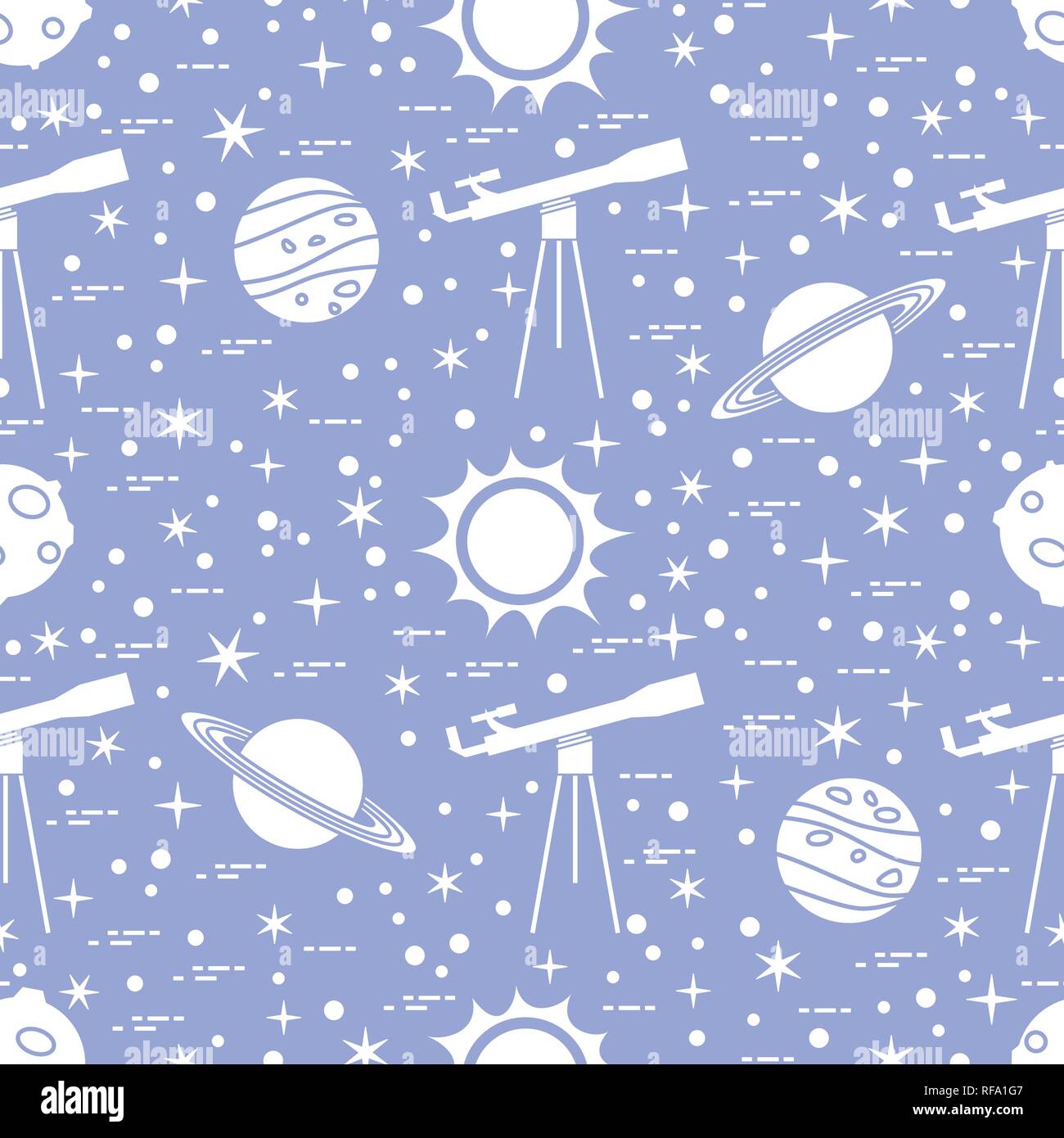 Seamless pattern with telescope, sun, planets, stars. Space exploration ...