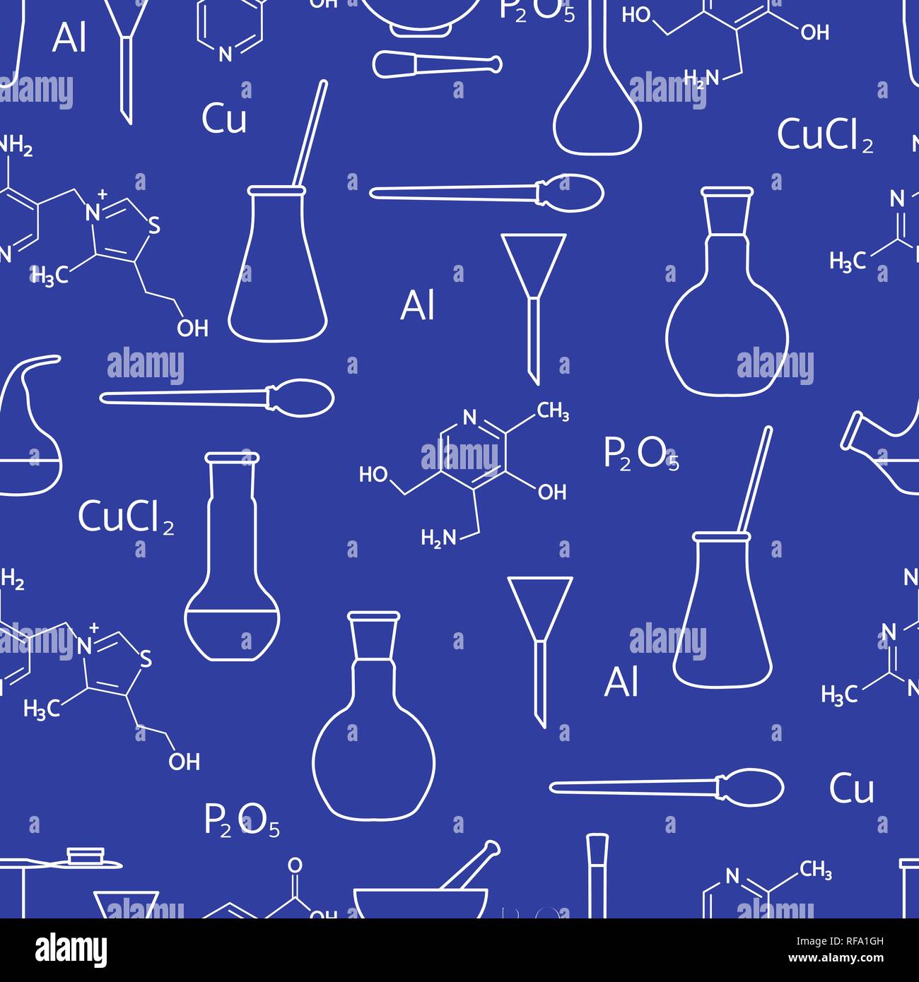 Scientific vector seamless pattern with flasks, test tubes, beakers ...