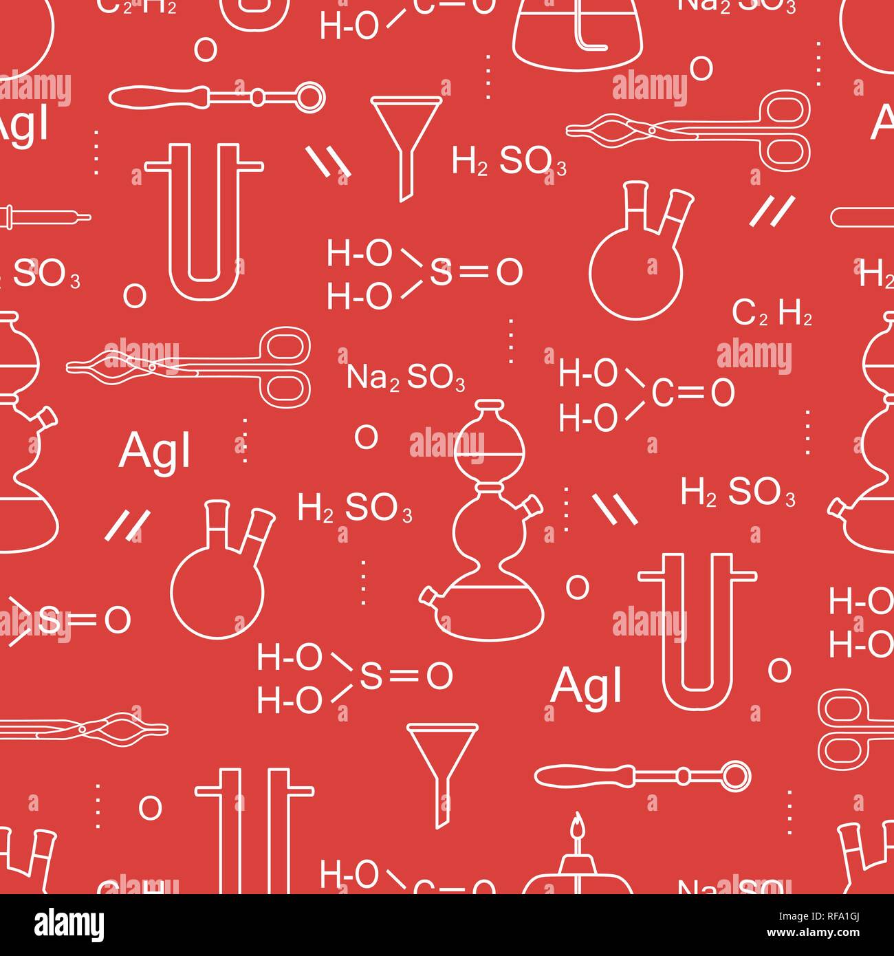 Scientific vector seamless pattern with flasks, burners, funnels, tools ...