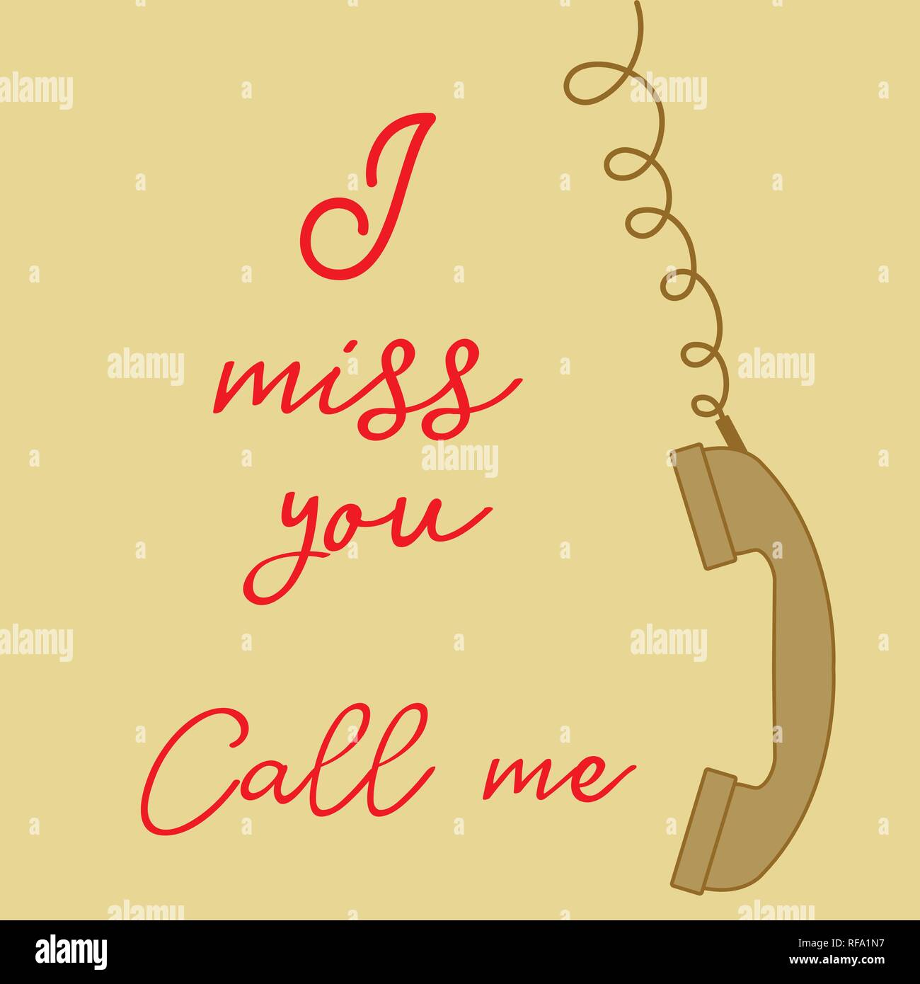 Vector illustration with handle handset. Inscription i miss you call me ...