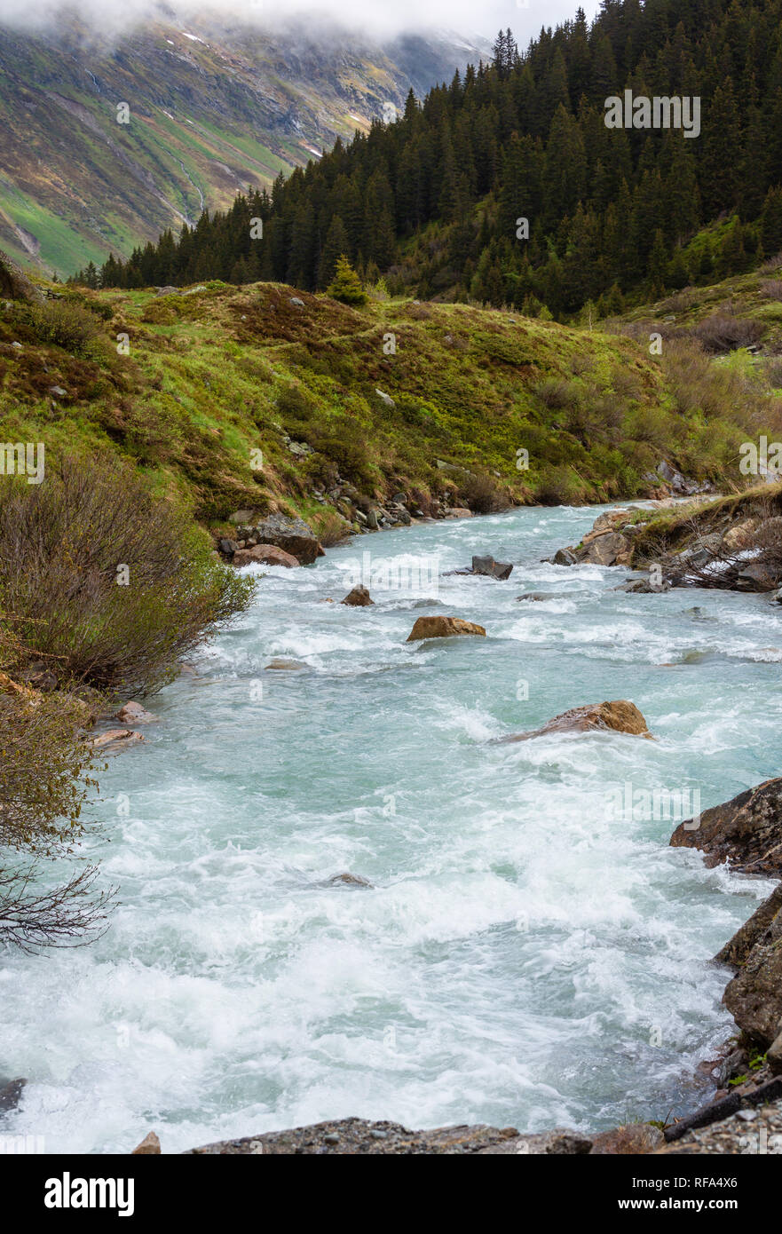 Summer mountain landscape with alpine river (Silvretta Alps, Austria ...