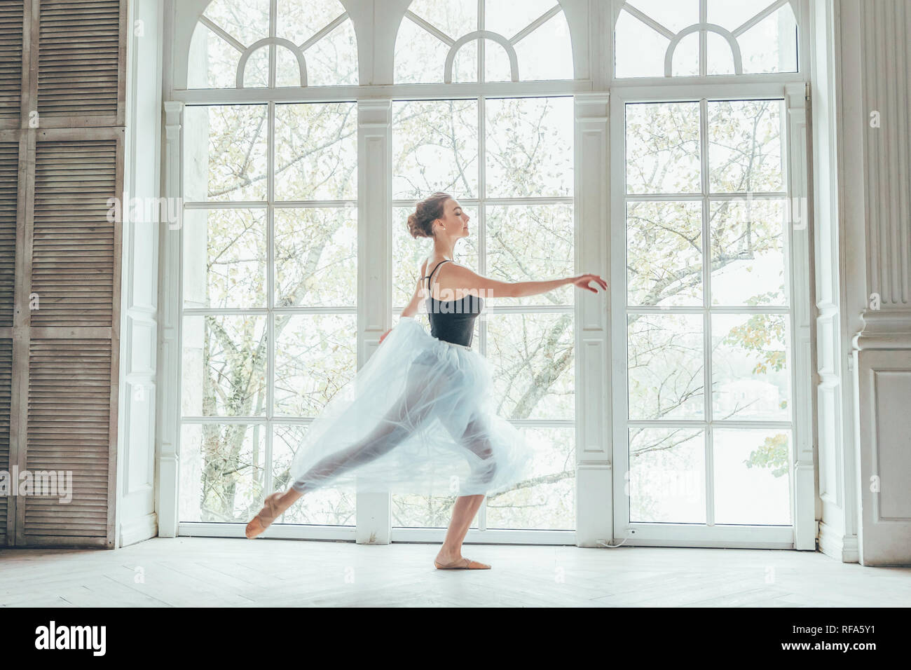 Young classical ballet dancer woman in dance class. Beautiful graceful ...
