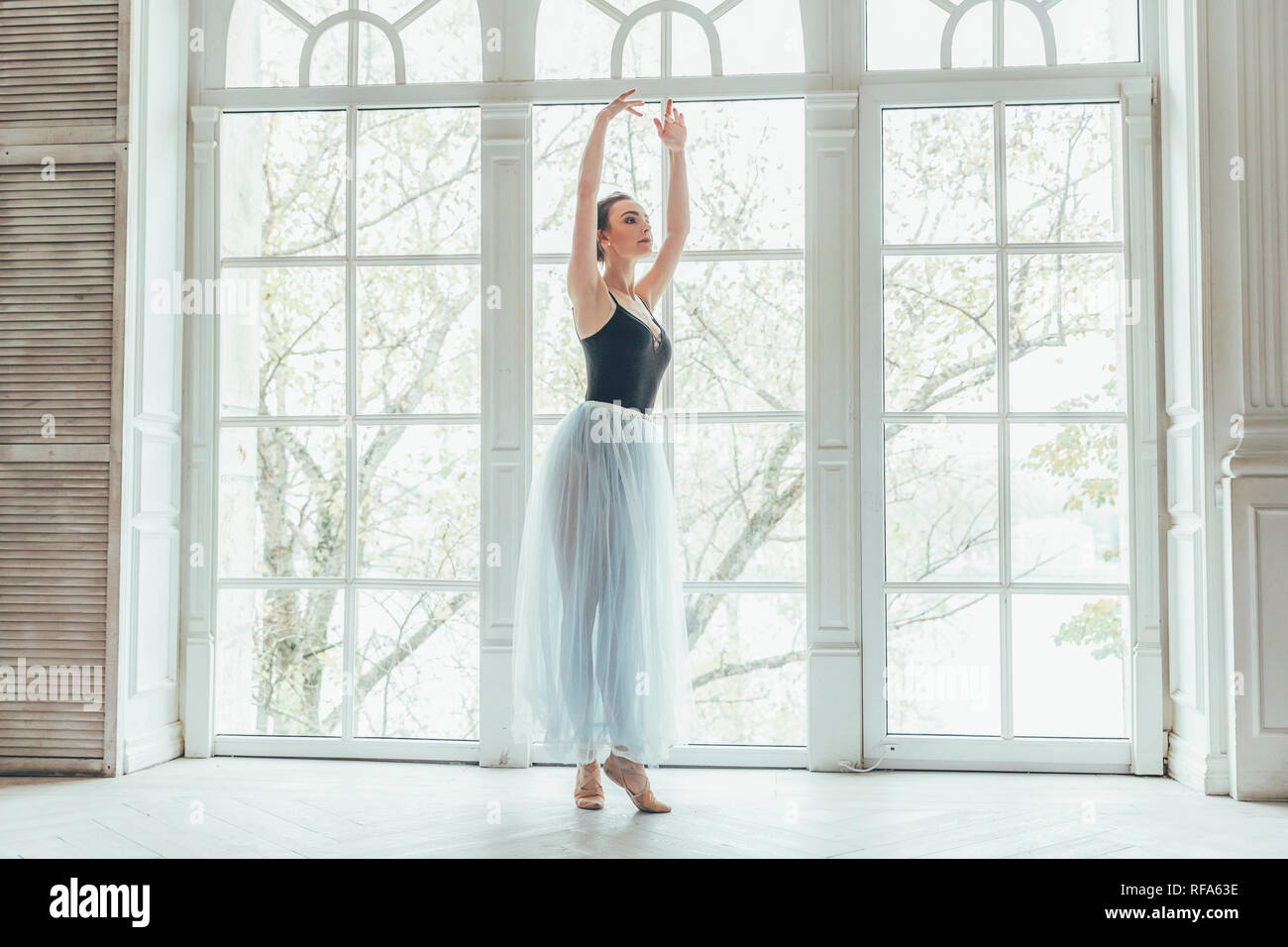 Young classical ballet dancer woman in dance class. Beautiful graceful ...