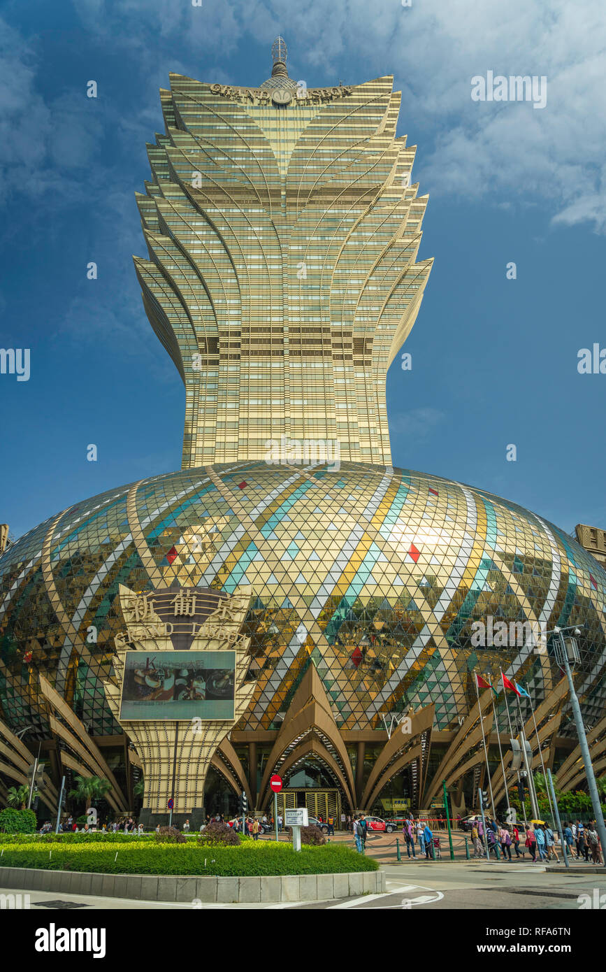 The exterior facade of the Grand Lisboa Hotel and Casino in Macau, Asia ...