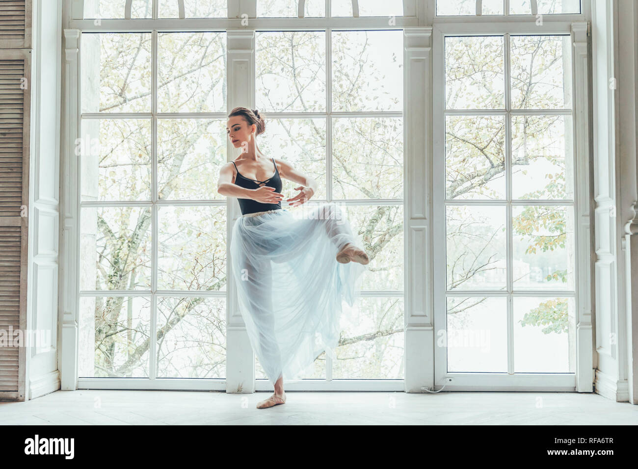 Young classical ballet dancer woman in dance class. Beautiful graceful ...