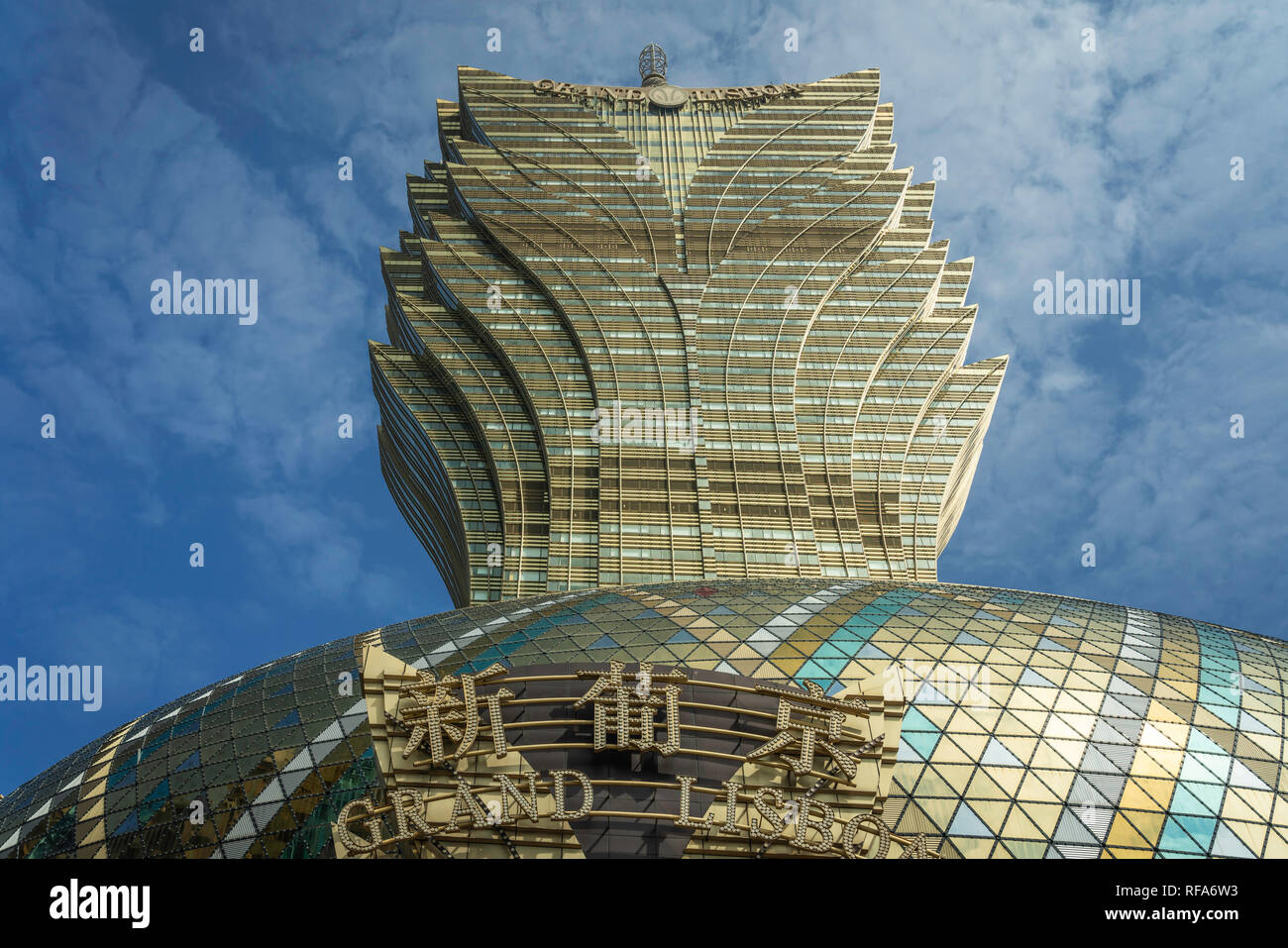 The exterior facade of the Grand Lisboa Hotel and Casino in Macau, Asia ...