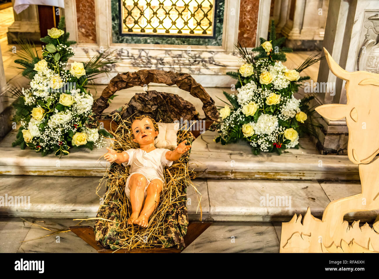 ROME, ITALY - JANUARY 4, 2019: light is enlightening statue of Baby ...