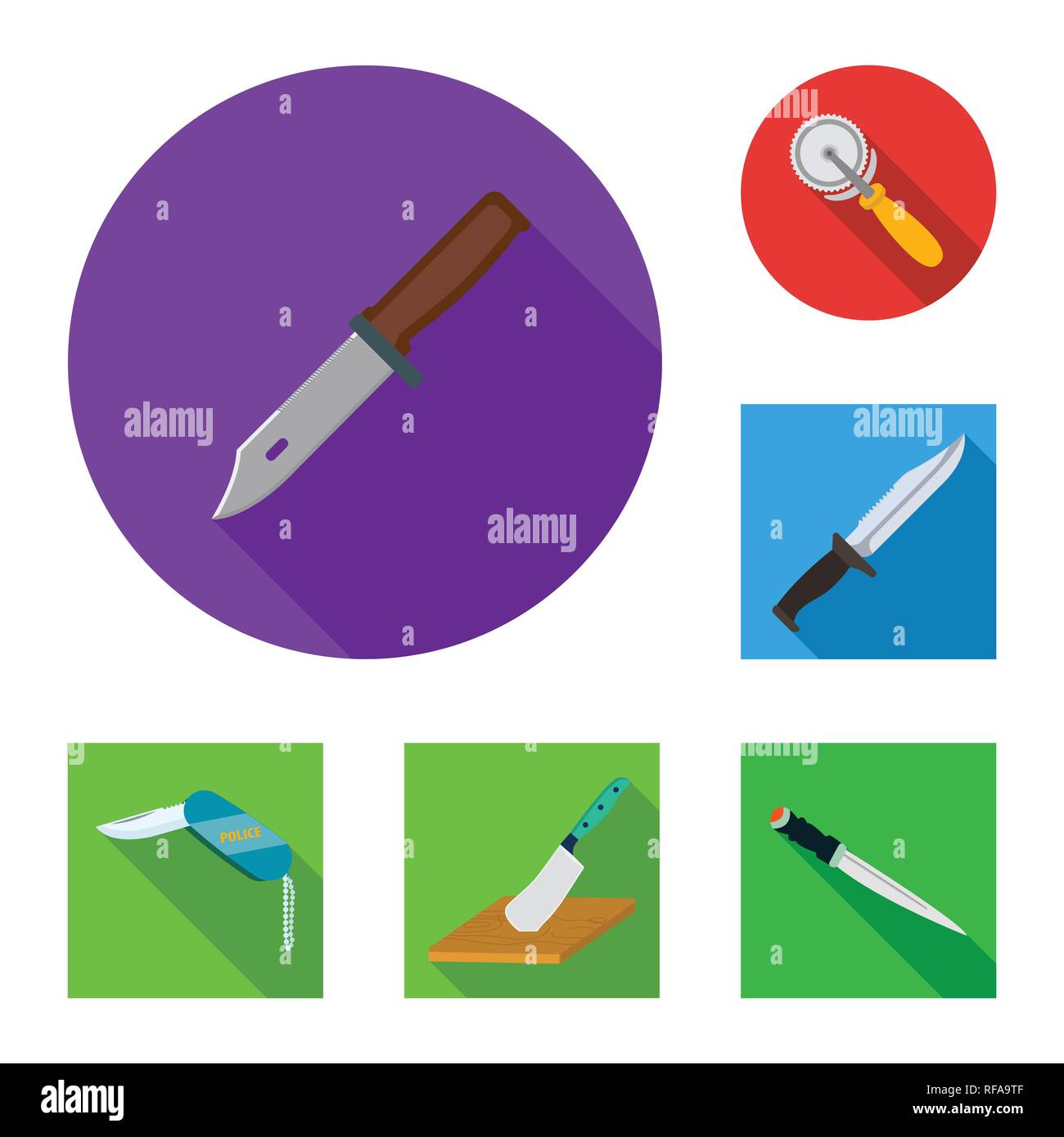 Vector illustration of knife and cut sign. Set of knife and flat stock ...
