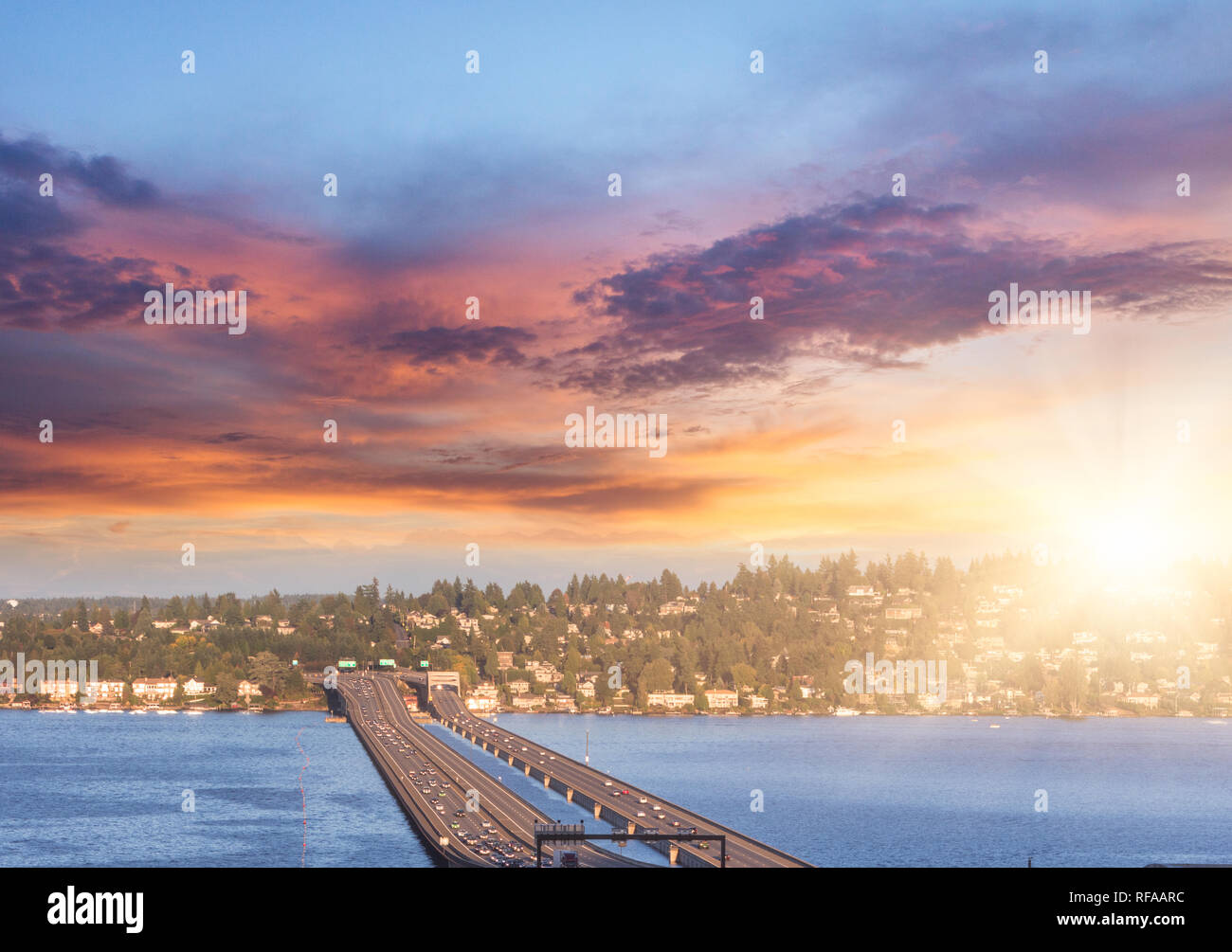 I-90 bridge in sunset, Seattle, WA, USA Stock Photo - Alamy