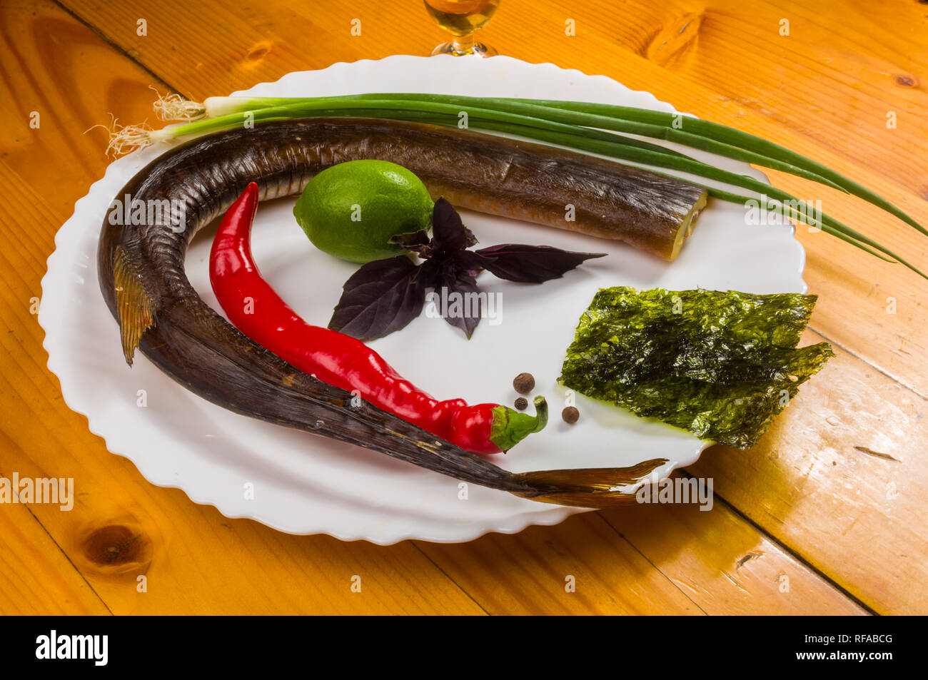 still life - smoked garfish with lime, Basil, green onions, chili, nori ...