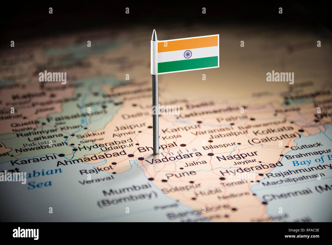 India marked with a flag on the map Stock Photo - Alamy