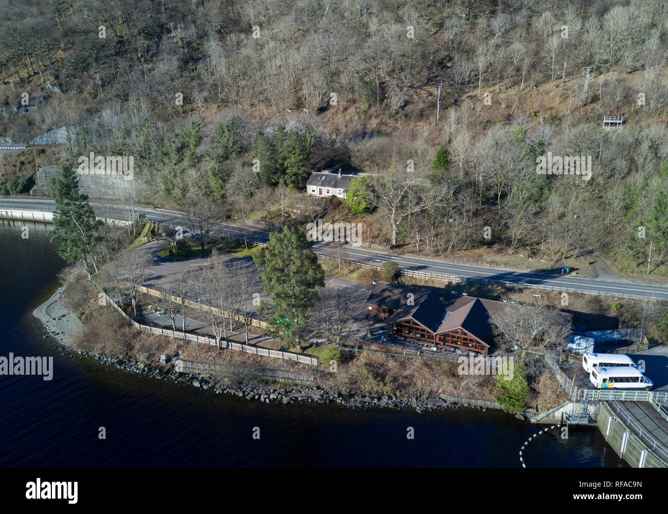 An aerial view of the Cruachan Hydro Electric dam complex in the ...