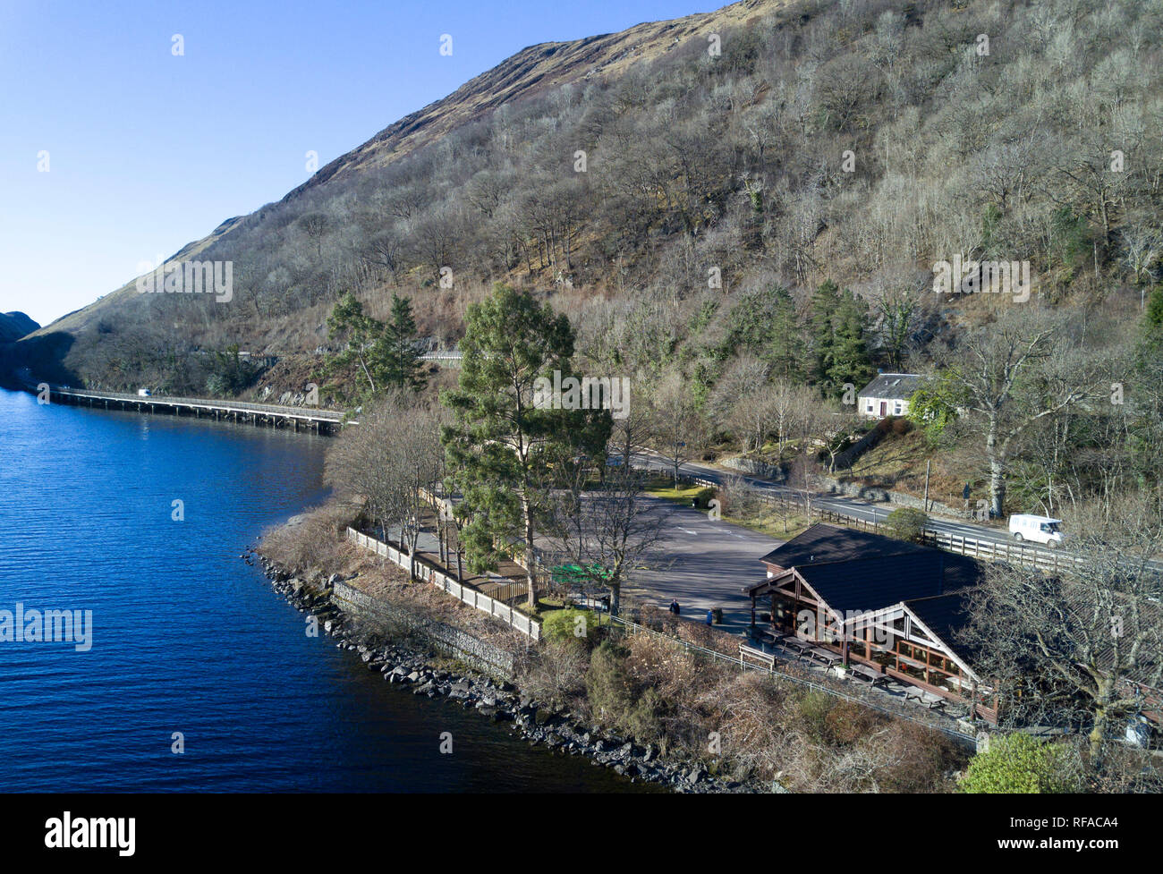 An aerial view of the Cruachan Hydro Electric dam complex in the ...