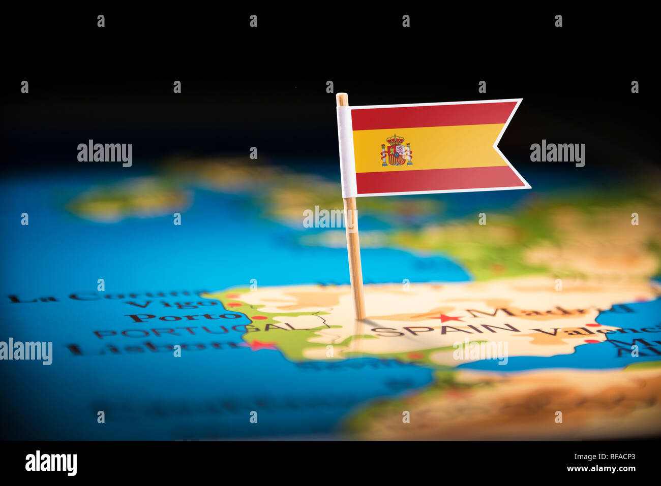 spain marked with a flag on the map Stock Photo - Alamy