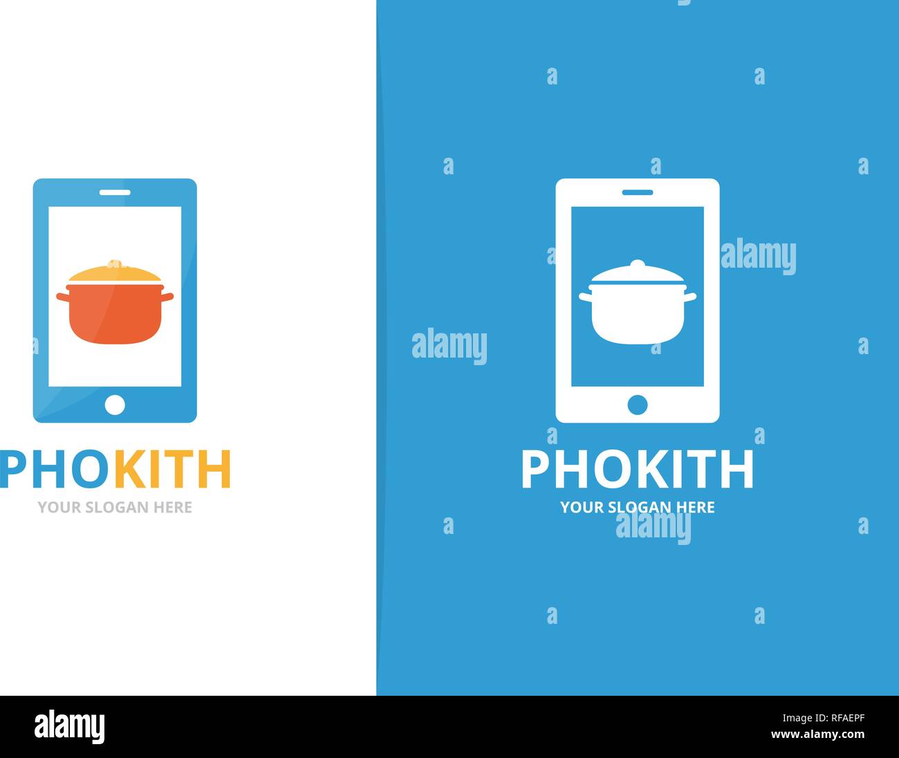 Vector pot and phone logo combination. Kitchen and mobile symbol or ...