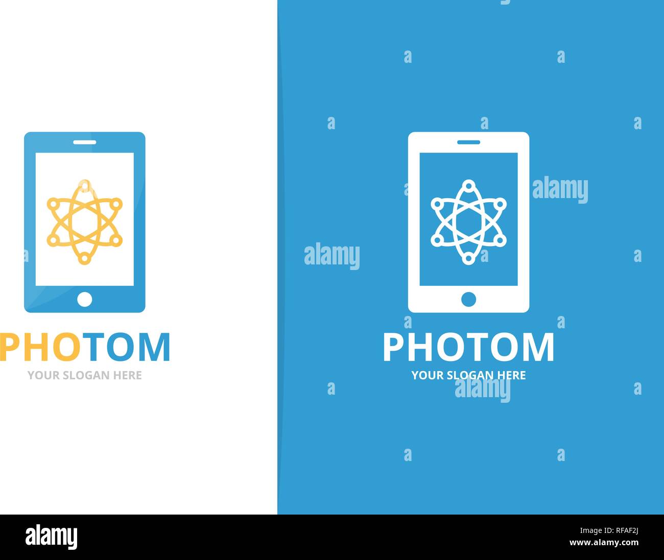 Vector atom and phone logo combination. Molecule and mobile symbol or ...