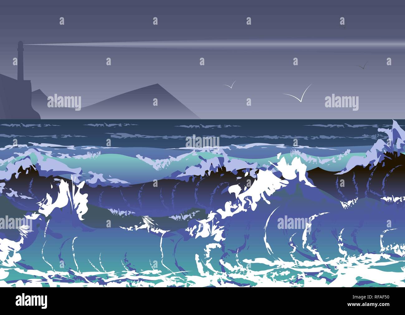 illustration with sea storm and lighthouse. Sea waves and stormy sky 10 ...