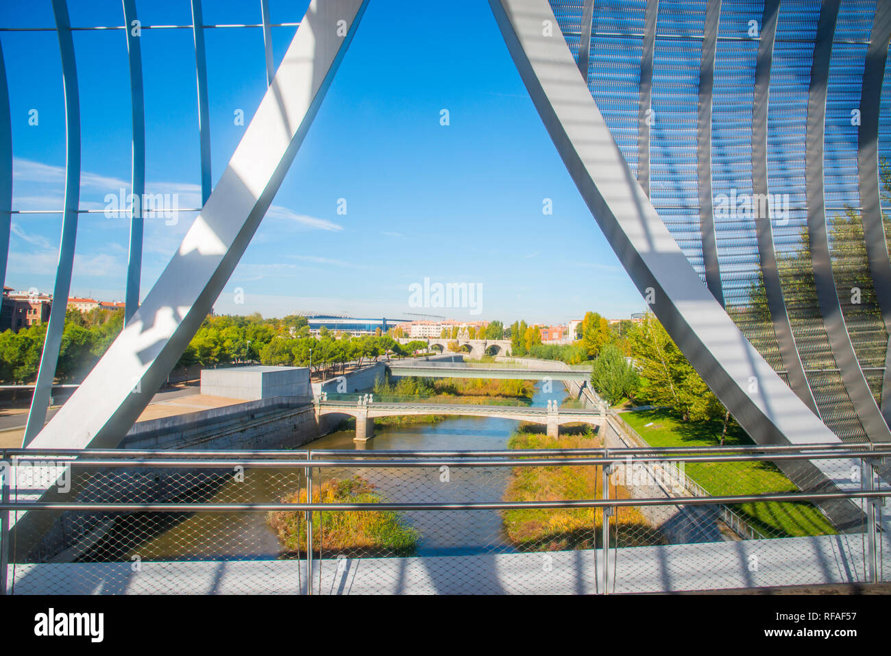 River Manzanares from Perrault bridge. Madrid Rio park, Madrid, Spain ...